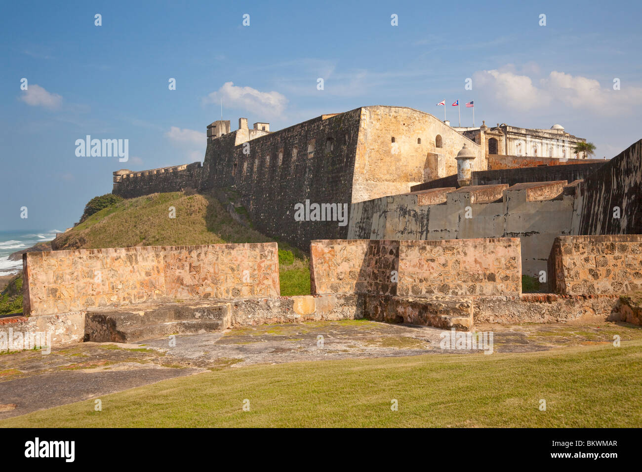 The walls of the San Cristobal Castle overlooking the Caribbean Sea in ...
