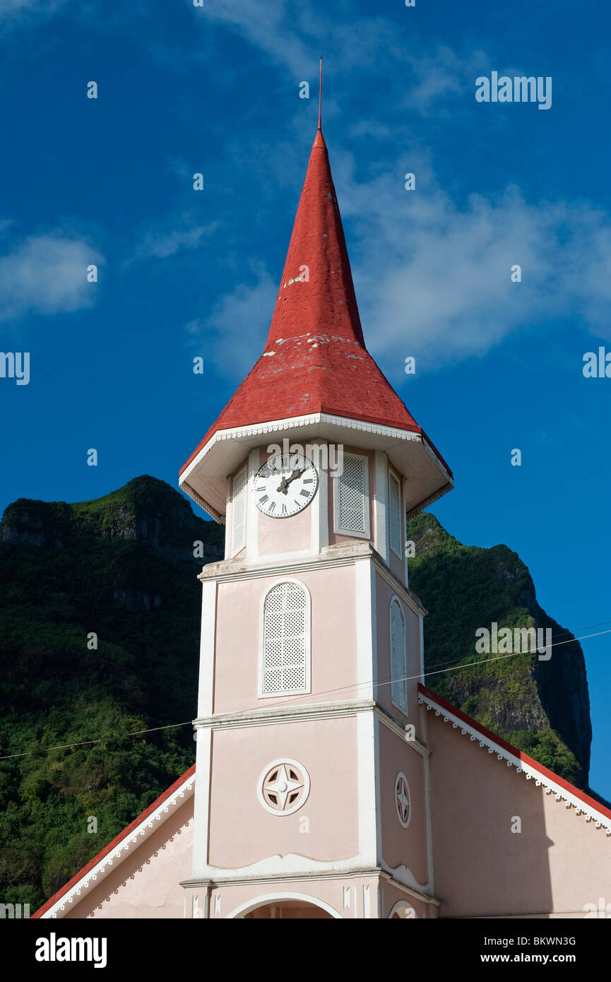 Vaitape Church and the Peak of Mount Pahia in the Background. Bora Bora ...