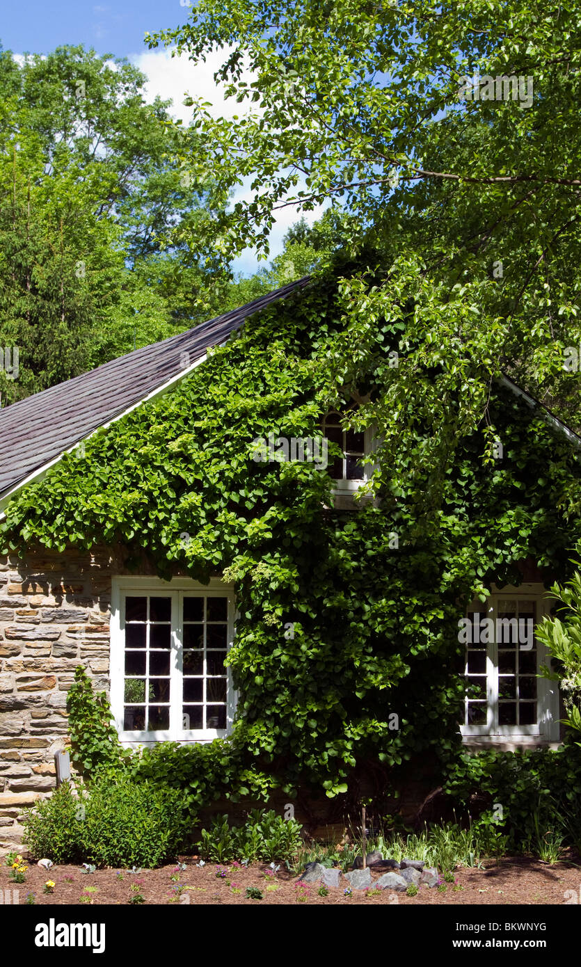 The gable end of a country cottage with ceder shakes stone chimney and ...