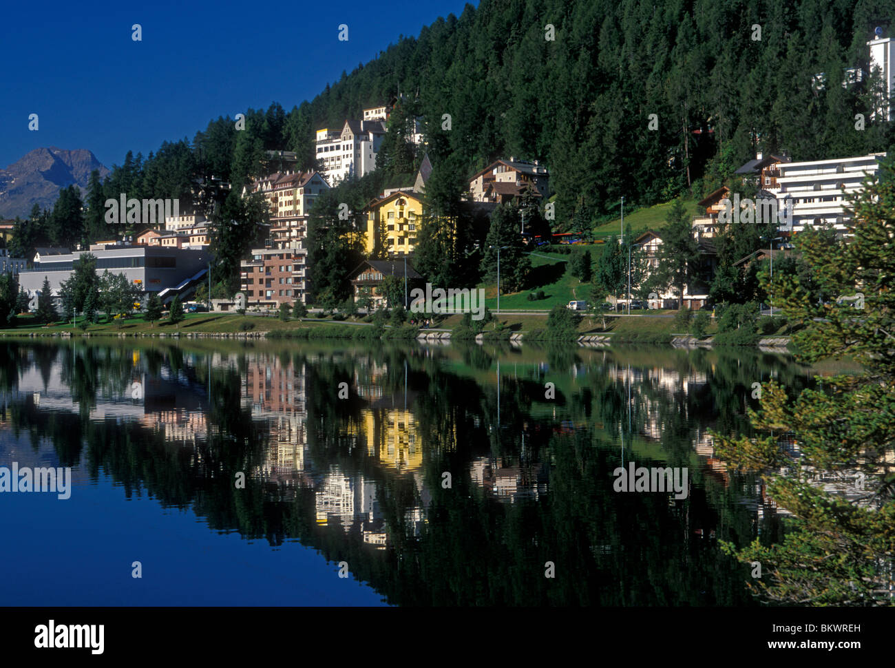 lake homes, Lake St Moritz, town of St Moritz, Graubunden Canton ...