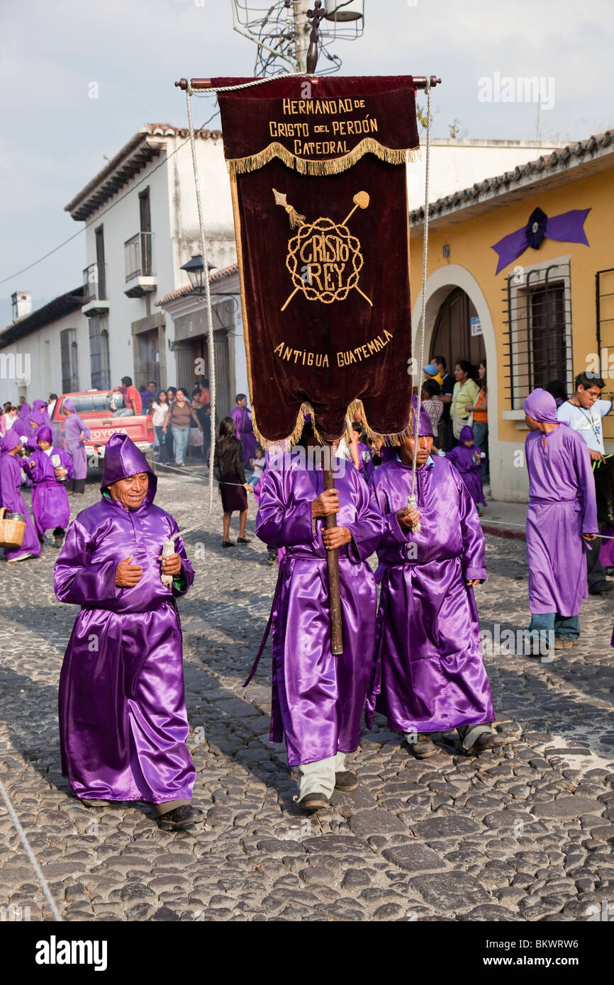 Antigua, Guatemala. Members Carrying the Banner of the Brotherhood ...