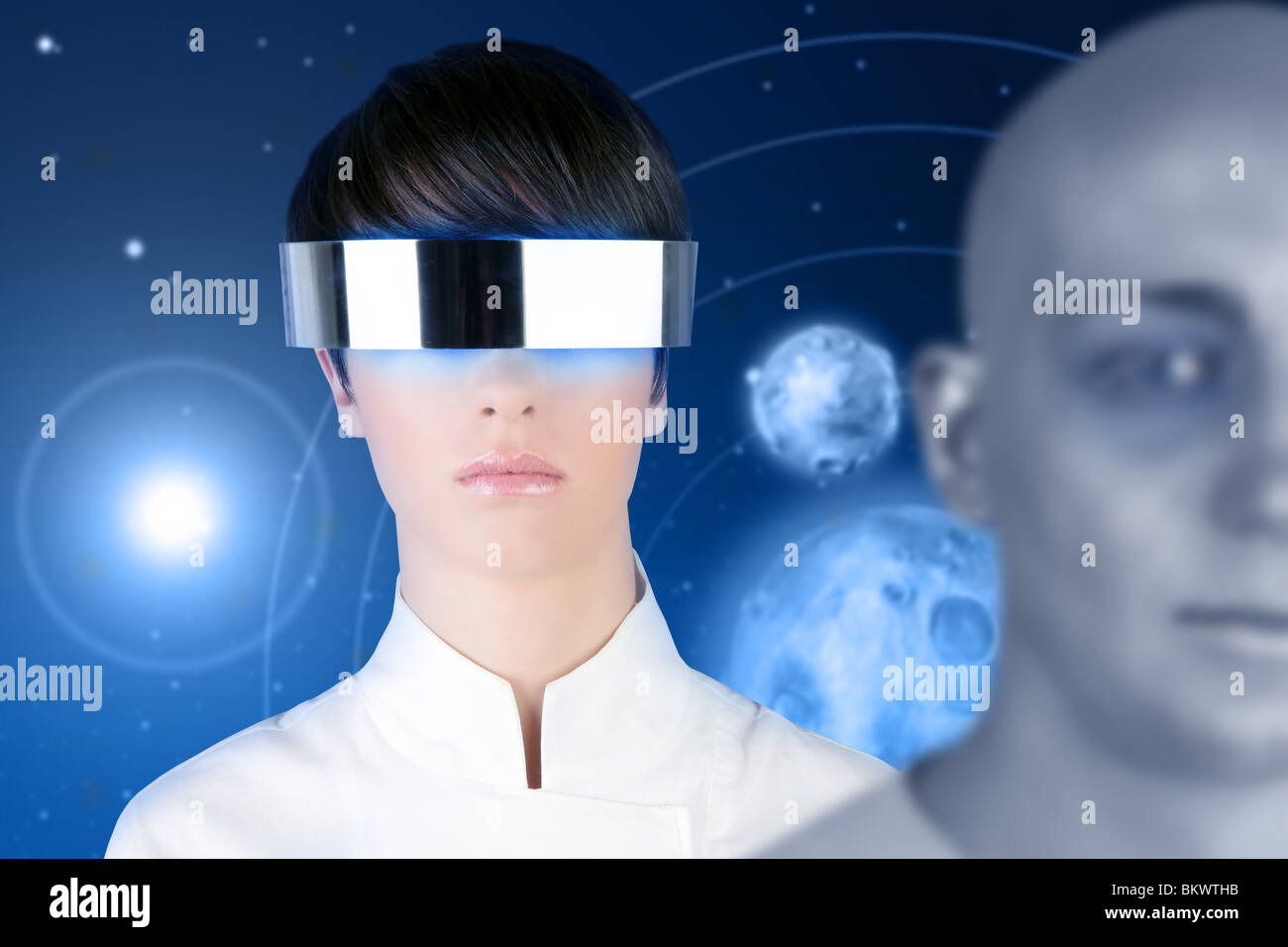 silver futuristic glasses android woman portrait space planets blue ...
