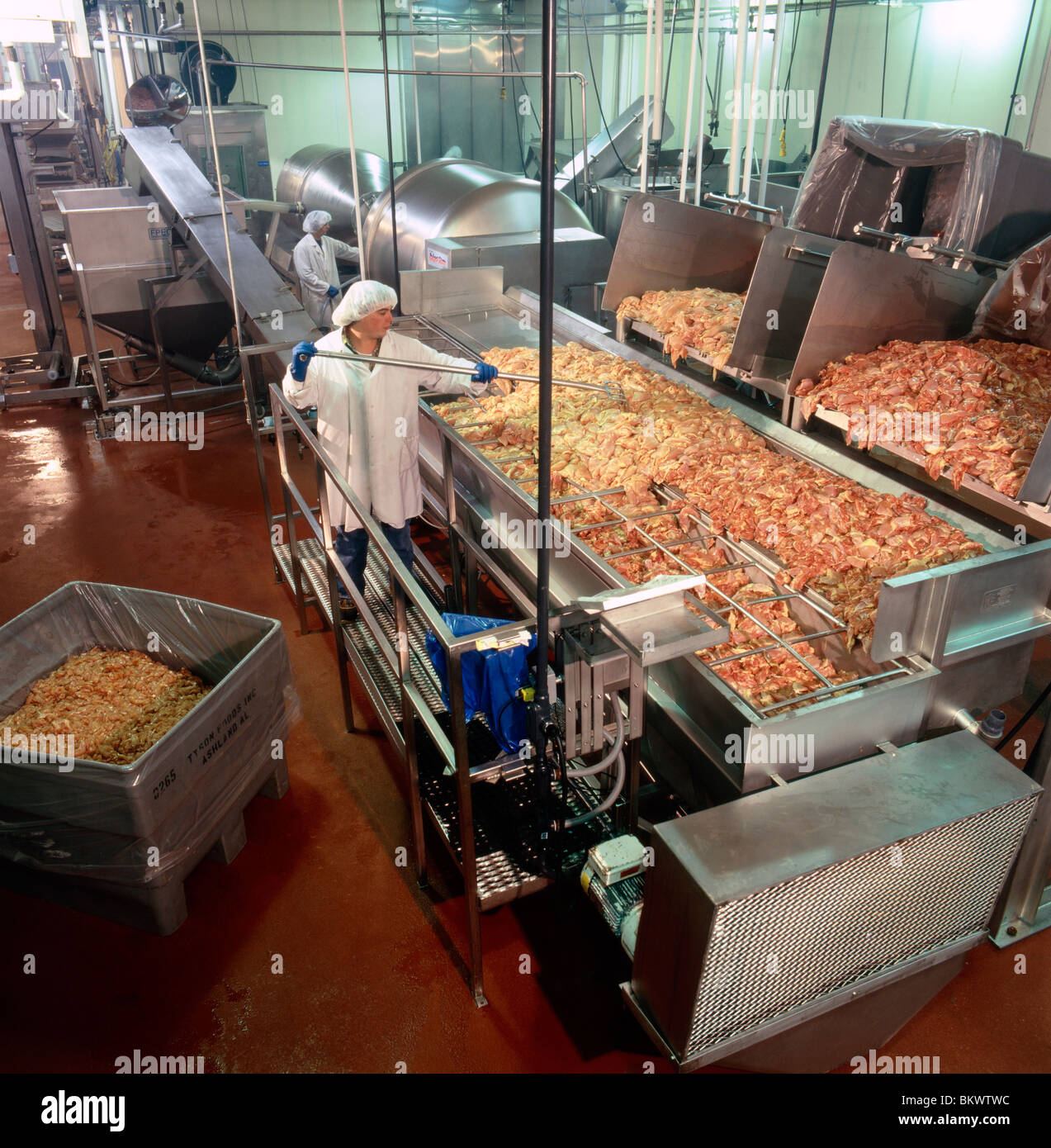 Workers at a stainless steel assembly line that produces chicken for ...