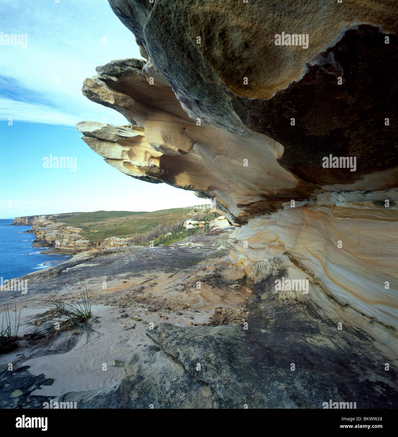 Sunrise over the Pacific Ocean and sandstone cliffs at Royal National ...