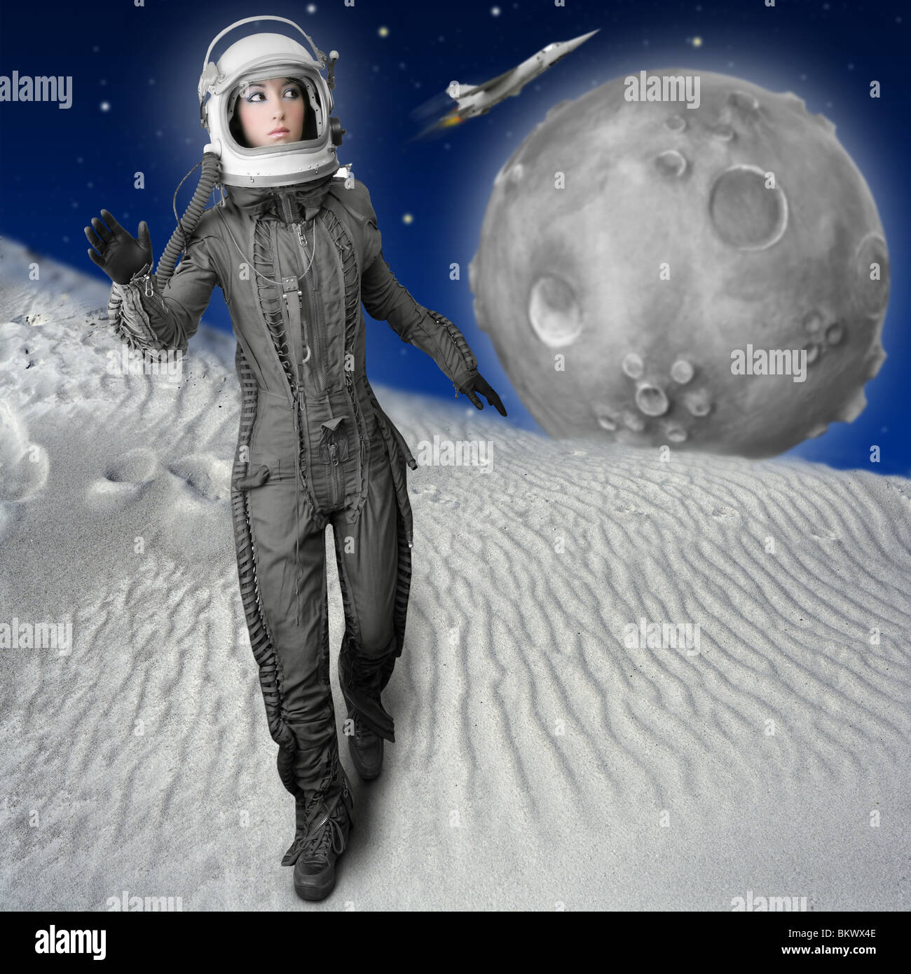 astronaut fashion woman full length space suit helmet moon metaphor ...