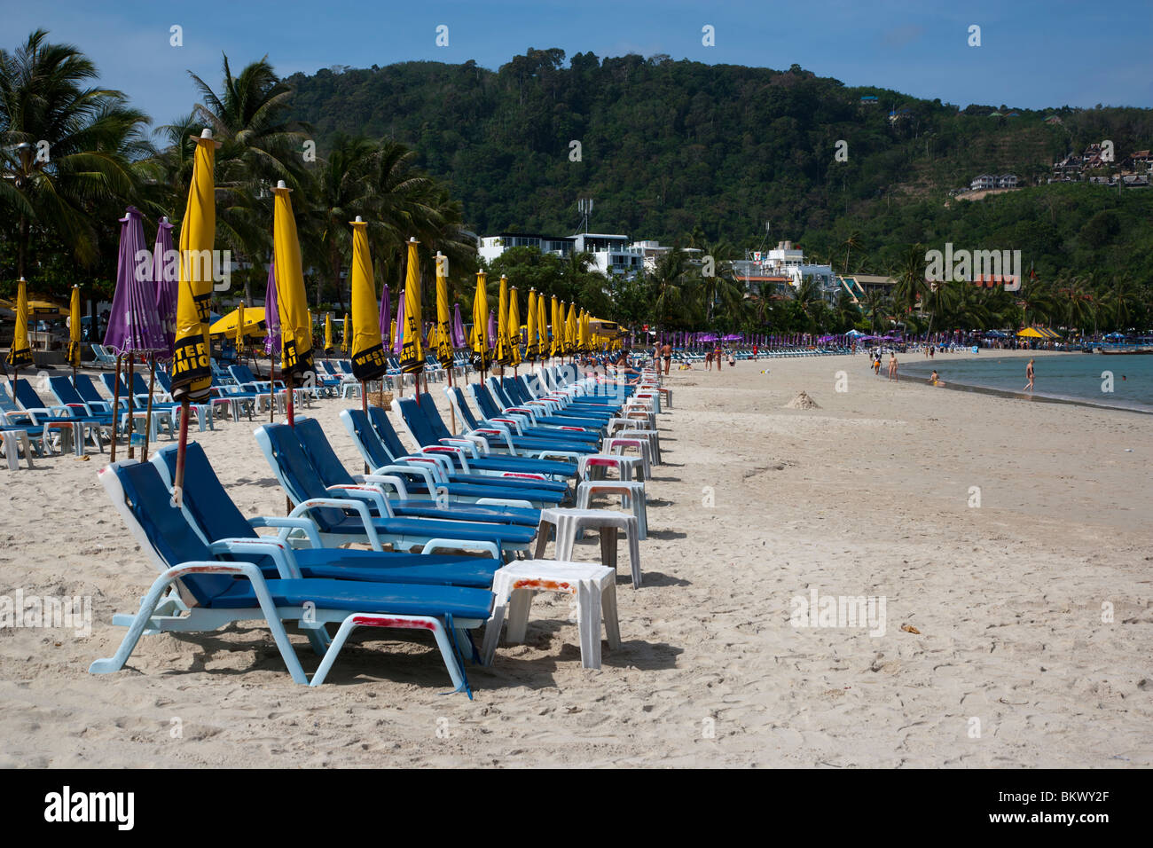 Early Morning Beach empty Sun loungers Stock Photo - Alamy