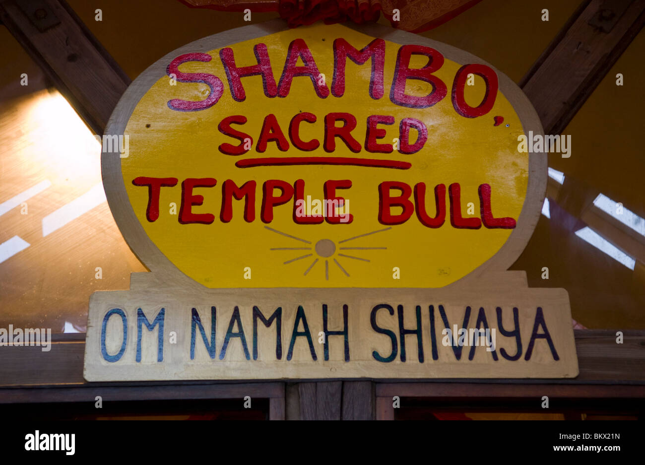 Sign over stall of the sacred bull SHAMBO at Skanda Vale Temple ...