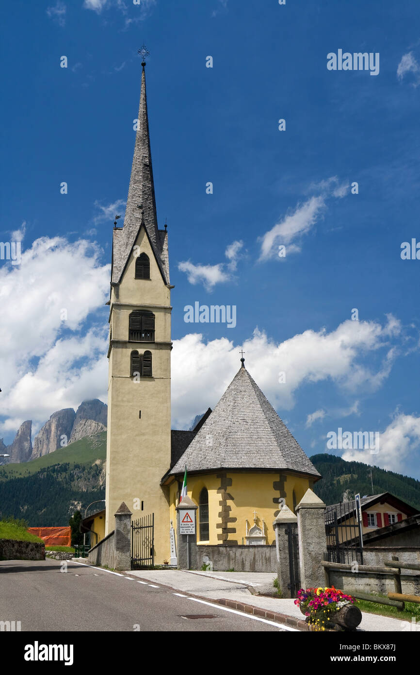small church in Alba di Canazei, Trentino, Italy. Canazei is a famuos ...
