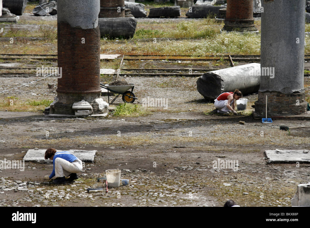 archaeologist cleaning ancient roman relics in trajan's forum area in ...