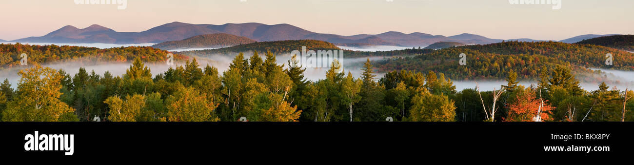 Morning fog and the Percy Peaks as seen from the fire tower at Milan ...