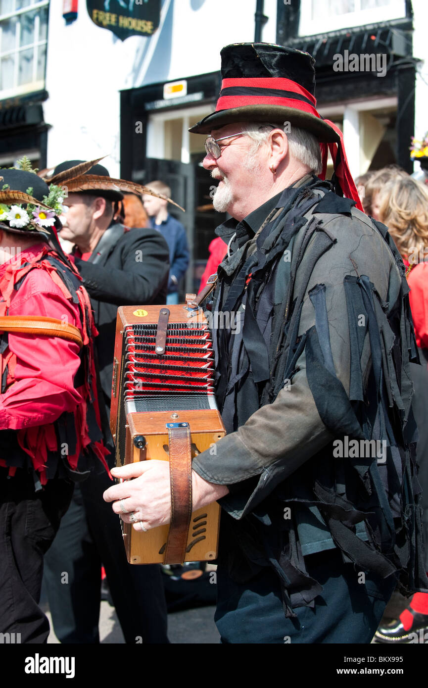 Squeeze box player at Clun Green Man Festival, Shropshire, England ...