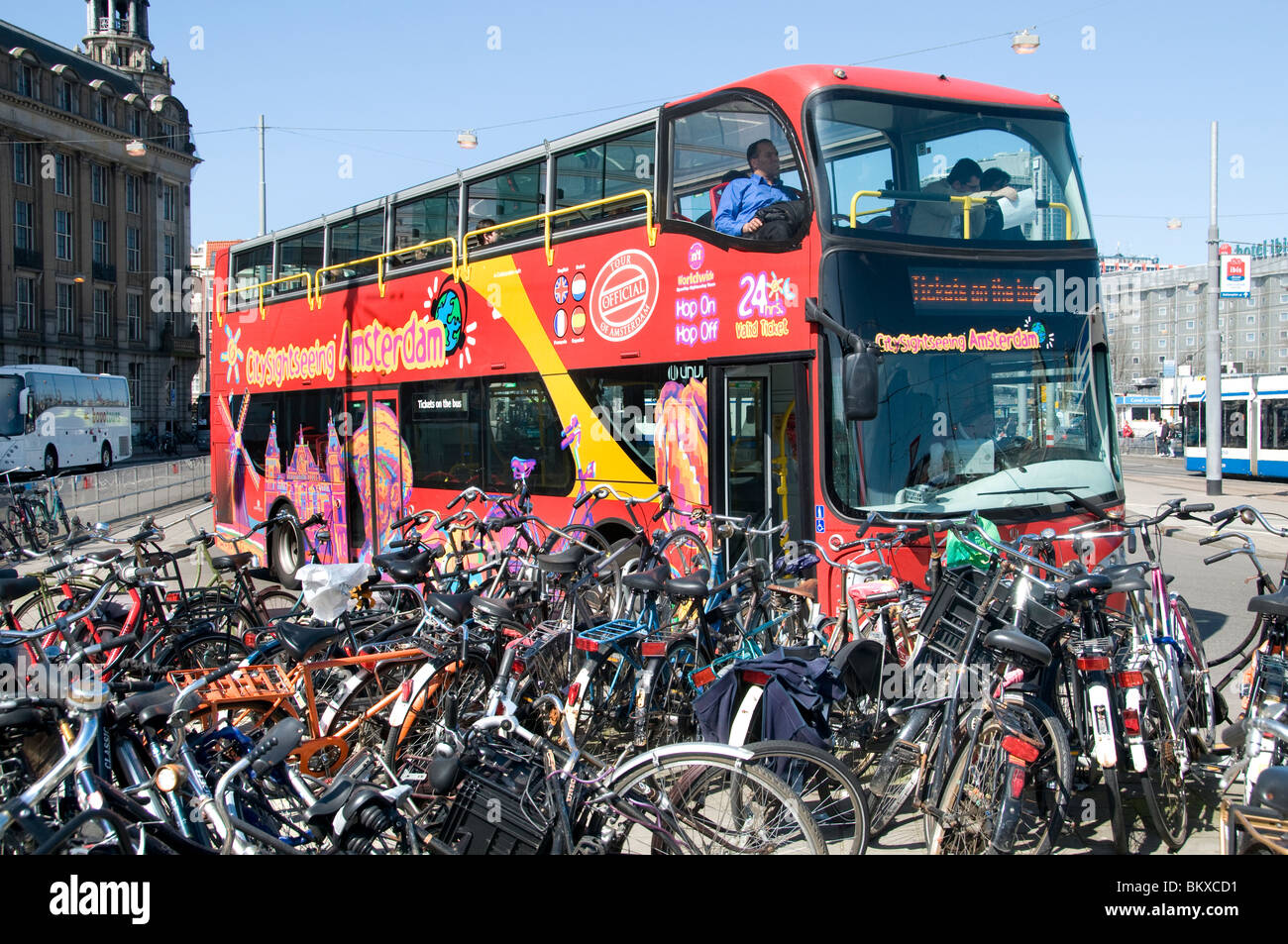 City Tourist Bus Amsterdam Central Station Netherlands bike bicycle ...