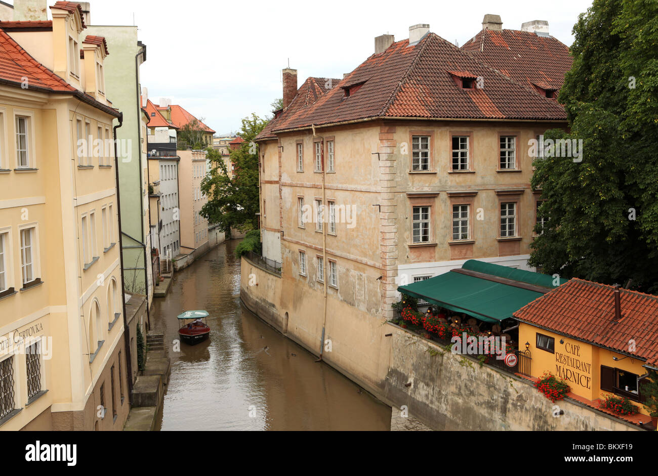 View of the Certovka canal branching off the Vltava river in Prague ...