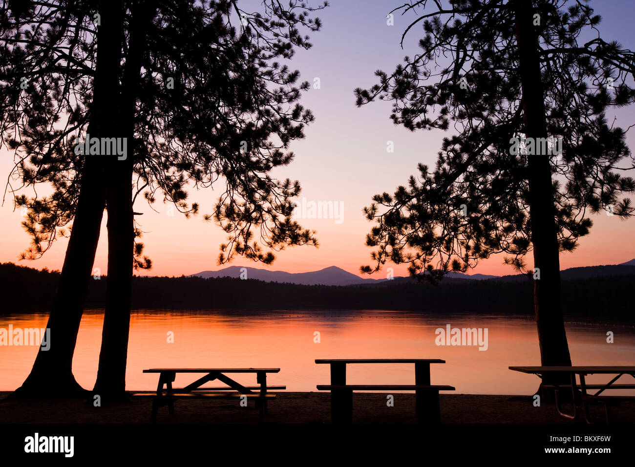 Picnic benches after sunset at White Lake State Park in Tamworth, New ...