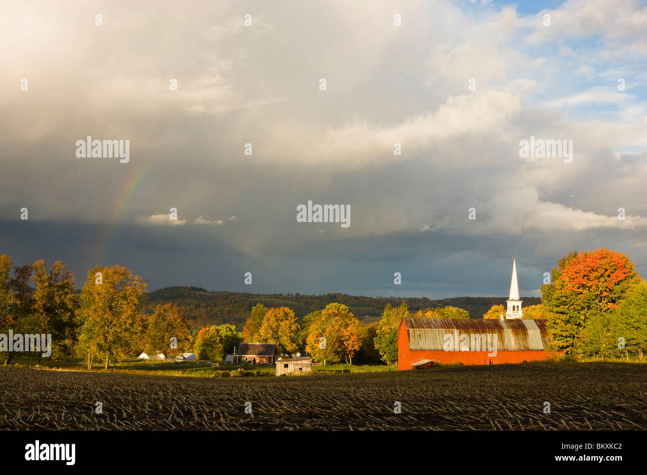 A rainbow over farms in Peacham, Vermont. Fall Stock Photo - Alamy