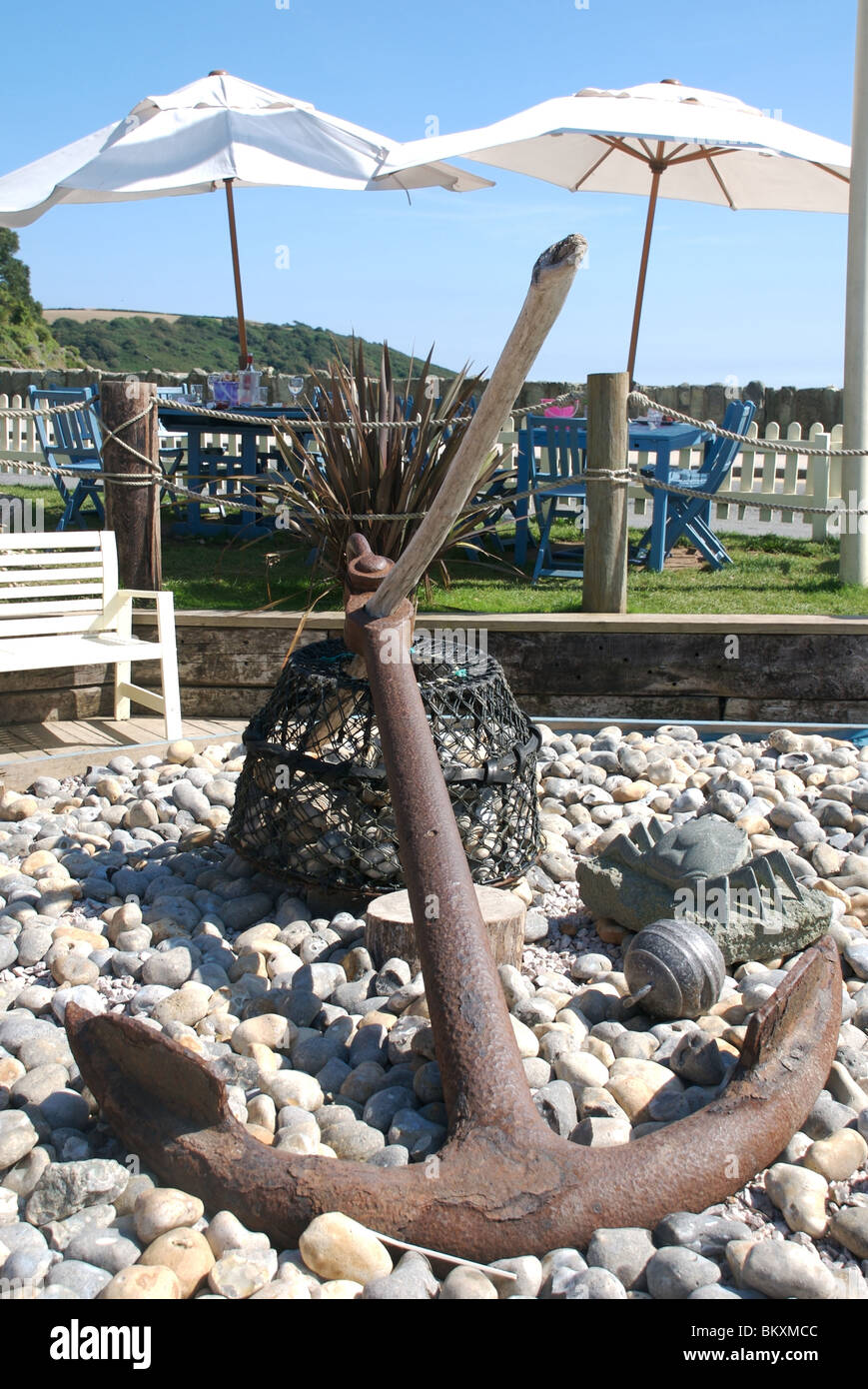 Anchor and seaside display outside cafe, South Sands, Salcombe, Devon ...
