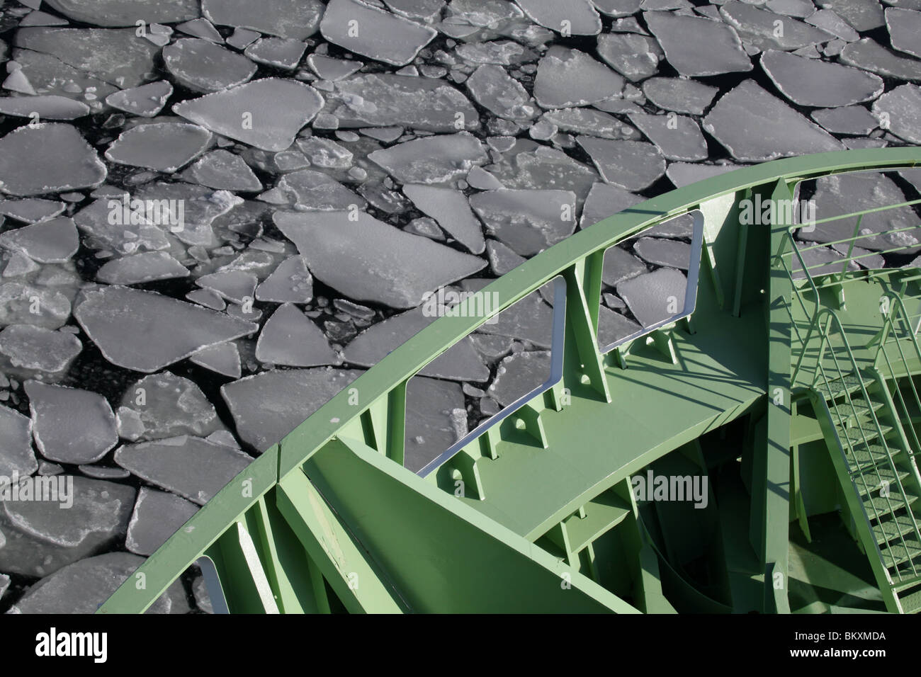 FERRY BOW DRAMATIC CROSSING SEA ICE BELT: Ferry boat ship cuts through ...