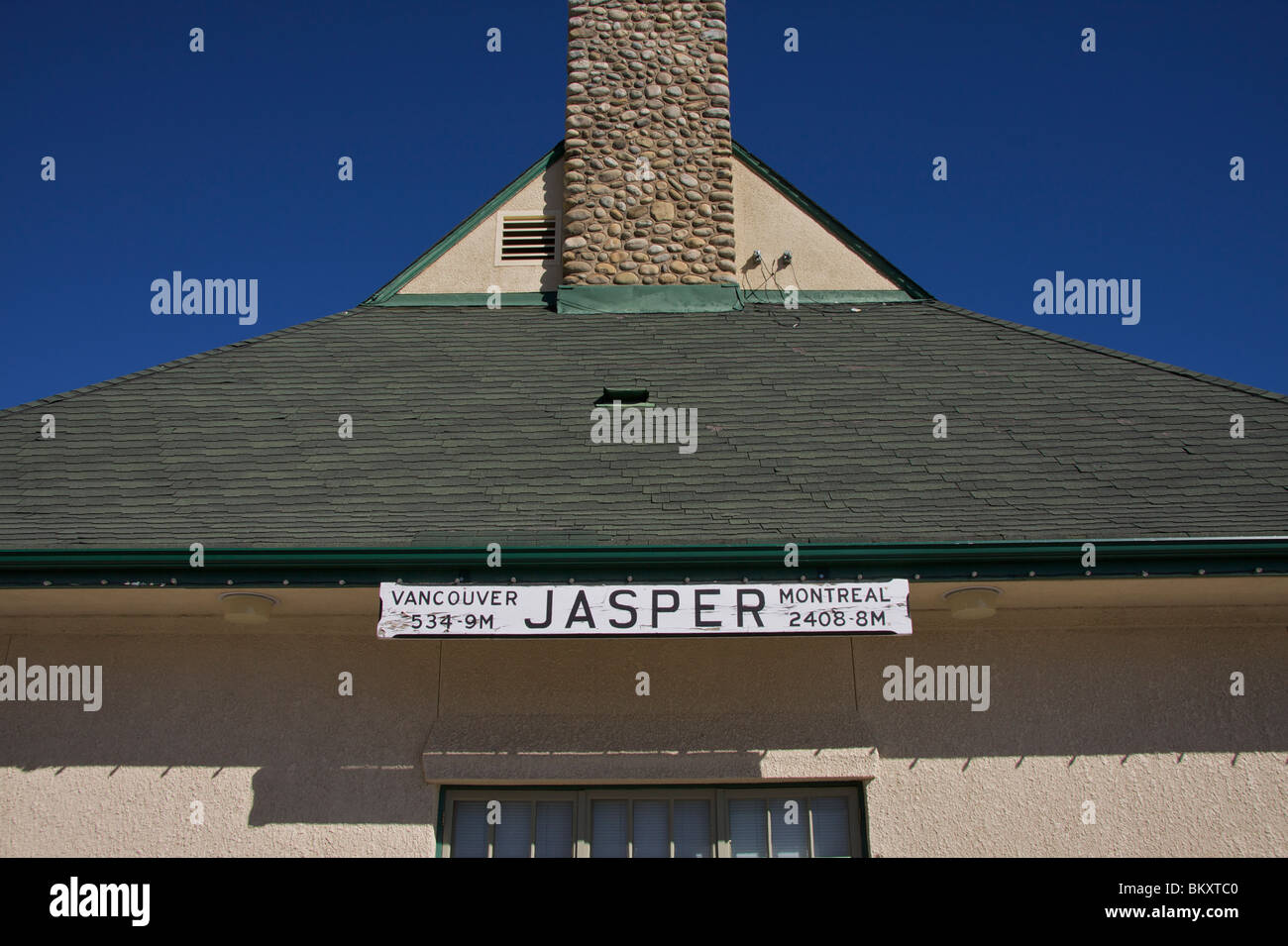 Wooden sign on Jasper Railway Station giving distances to Vancouver and ...