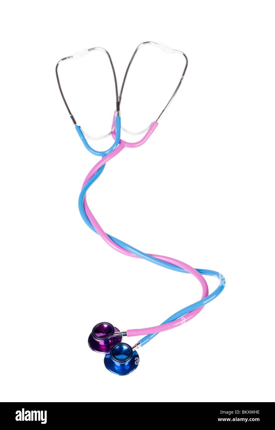 blue and pink stethoscope on white representing male and female health ...