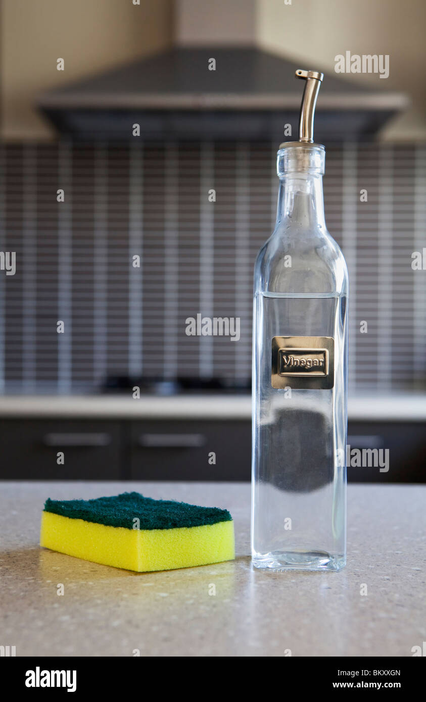 White vinegar in bottle labelled 'Vinegar' next to a cleaning sponge ...