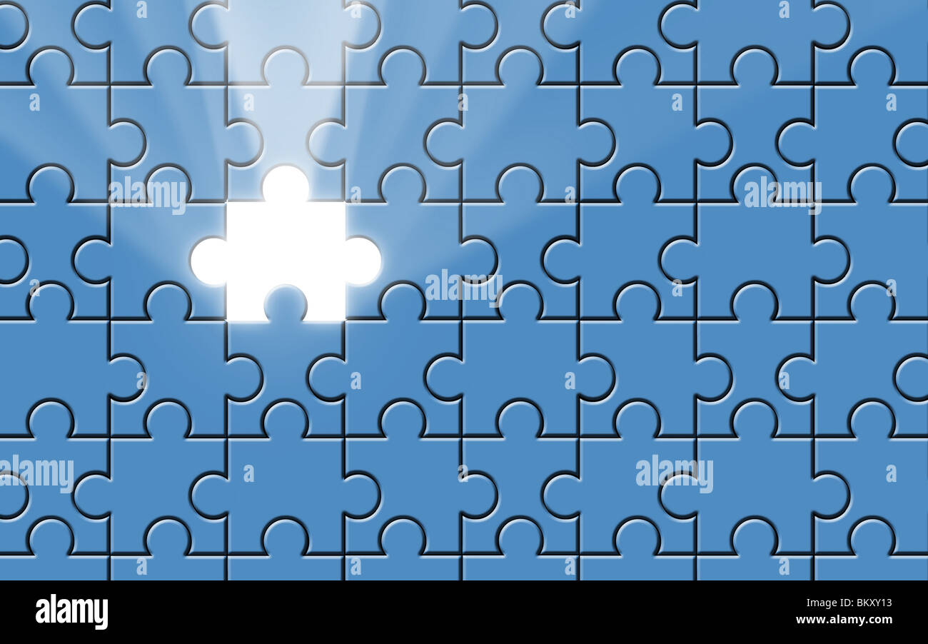 Blue puzzle with missing piece and beam of white light Stock Photo - Alamy