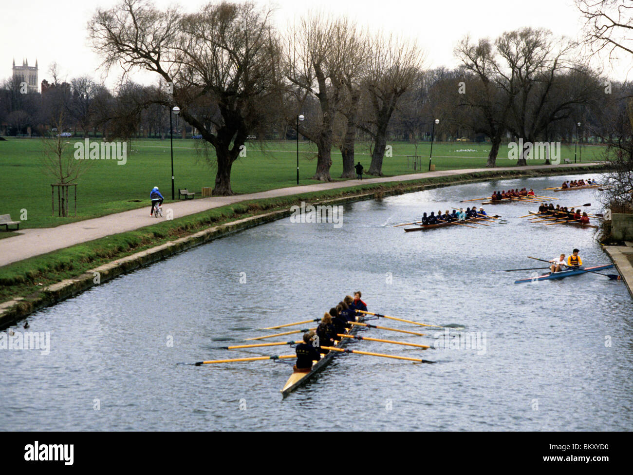 8-man rowing teams practising on still river Stock Photo - Alamy
