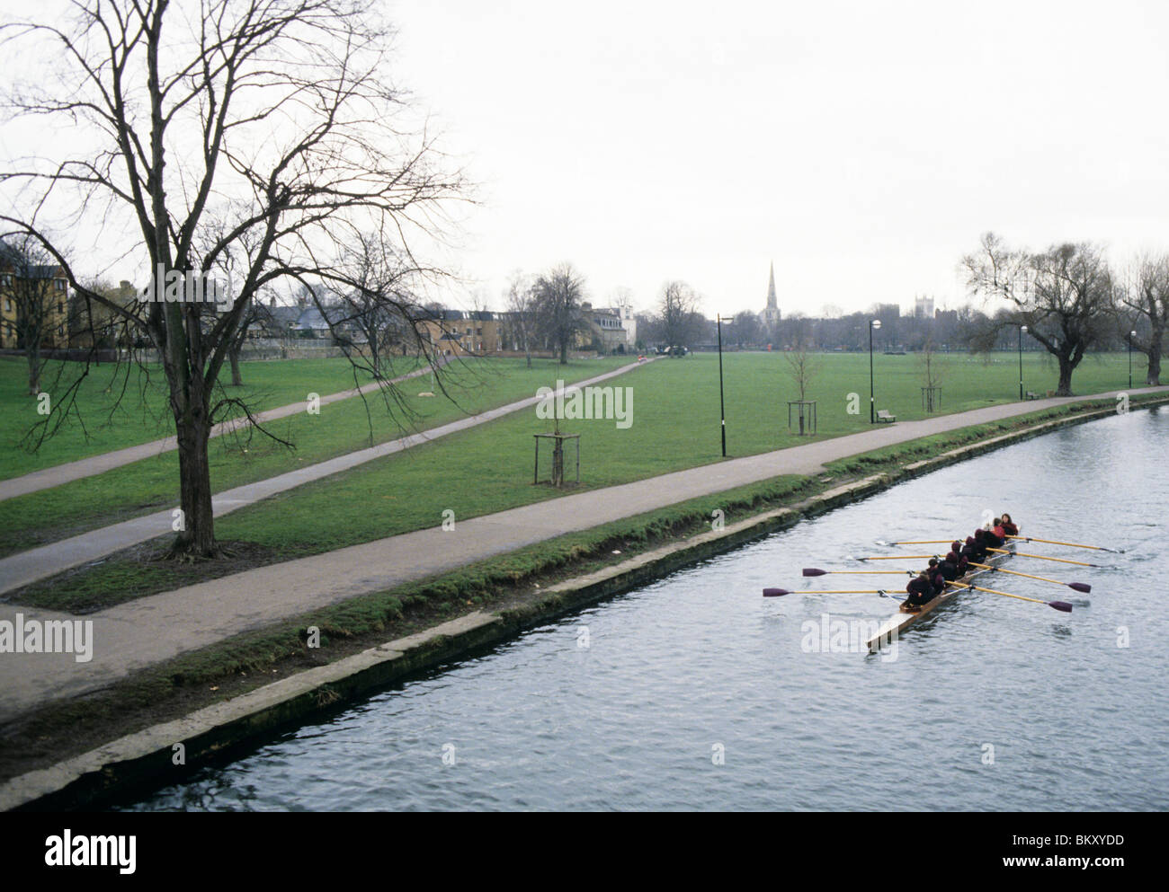 8-man rowing teams practising on still river Stock Photo - Alamy