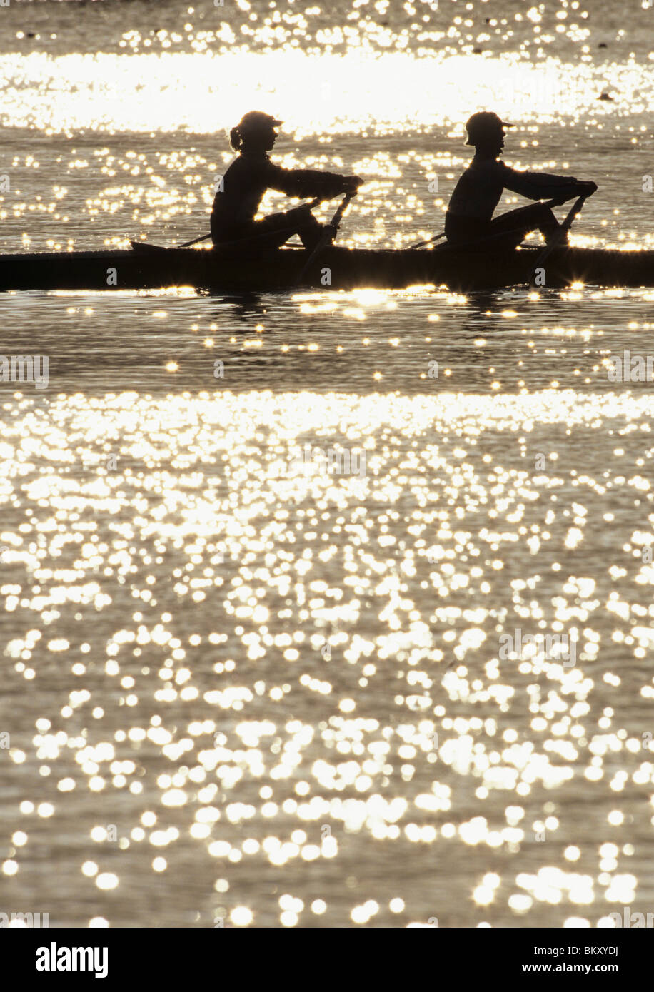 Two rowers pull together as the light turns to golden dusk Stock Photo ...
