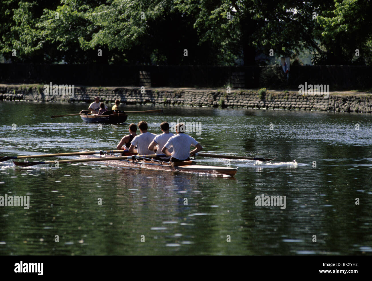 4-man rowing teams compete on river Stock Photo - Alamy