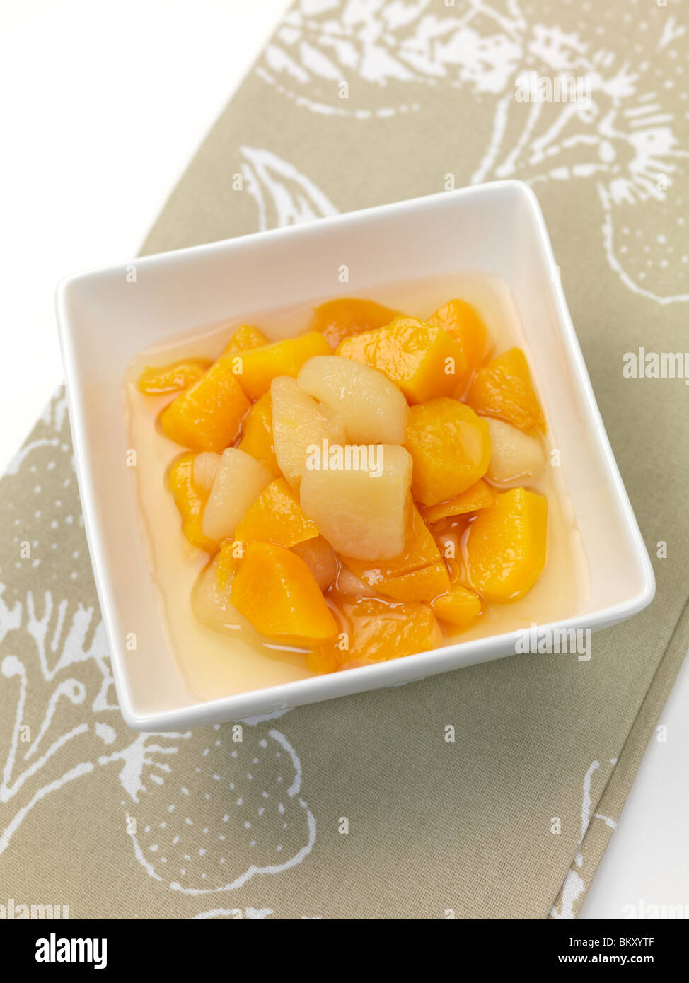 Diced pears and peaches in a fruit syrup Stock Photo - Alamy