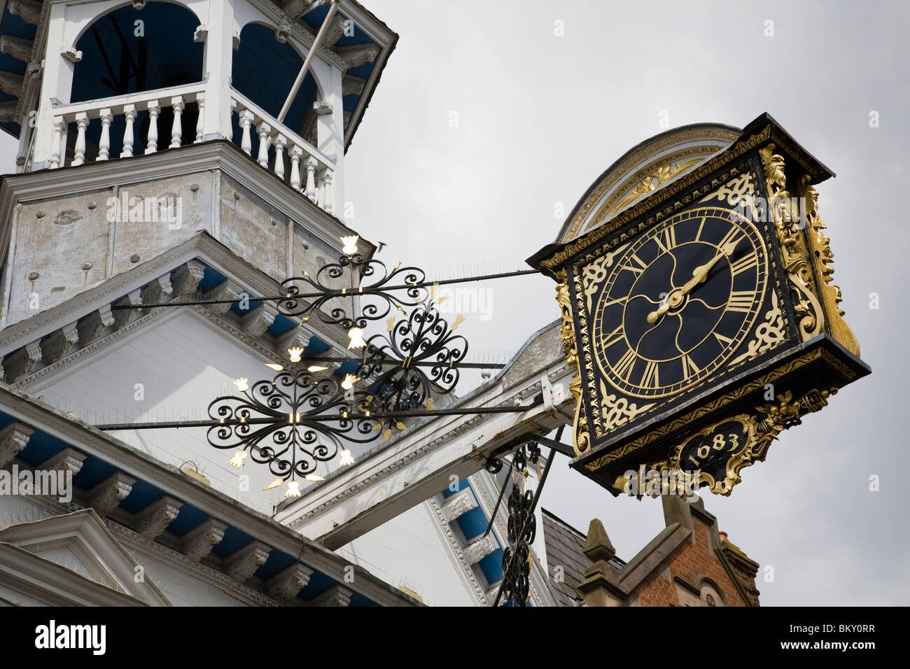 A close-up view of the Guildhall Clock in Guildford High Street, Surrey ...