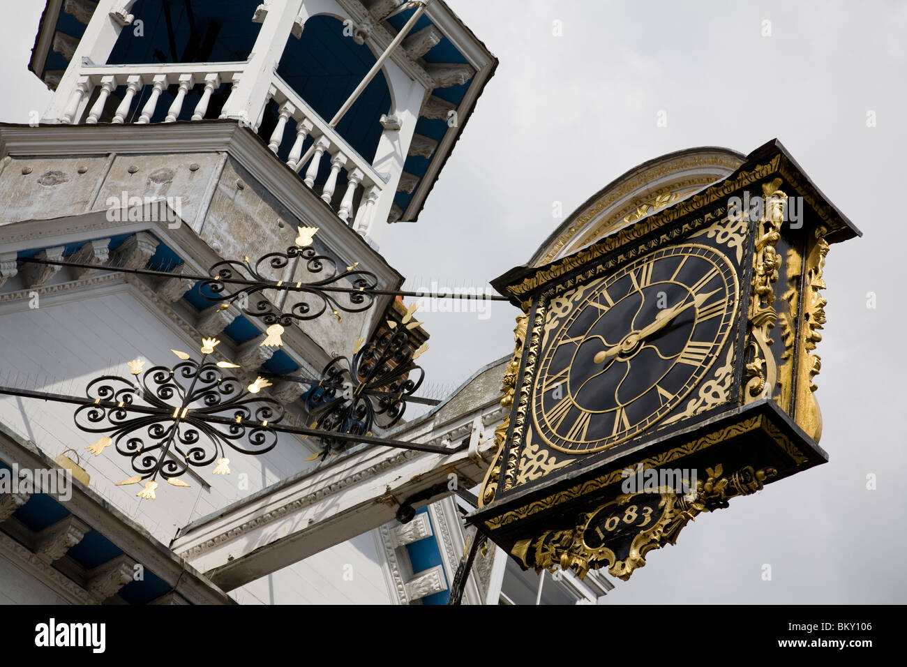 A close-up view of the Guildhall Clock in Guildford High Street, Surrey ...