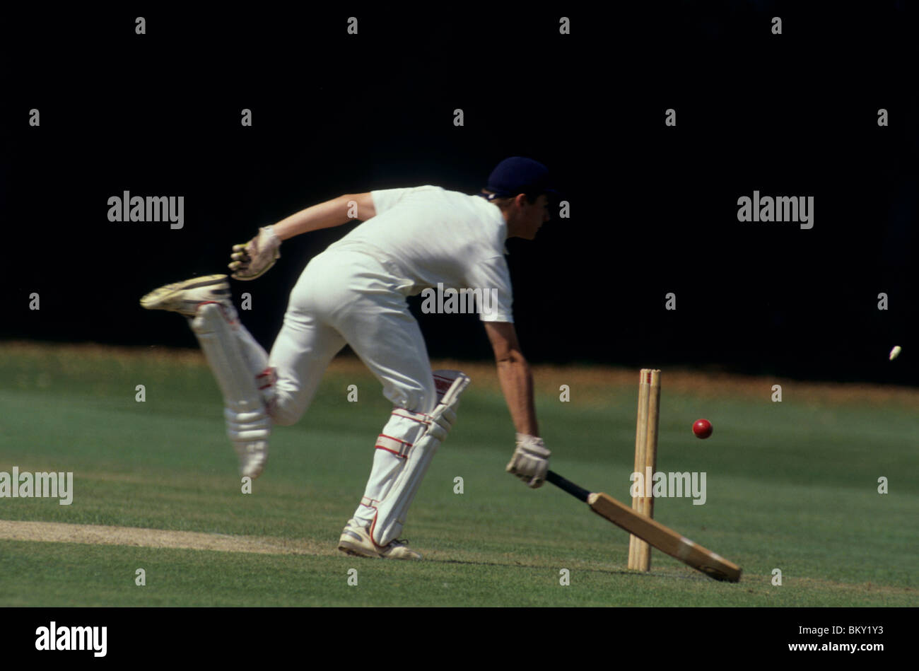 Man running with cricket bat trying to beat run-out Stock Photo - Alamy