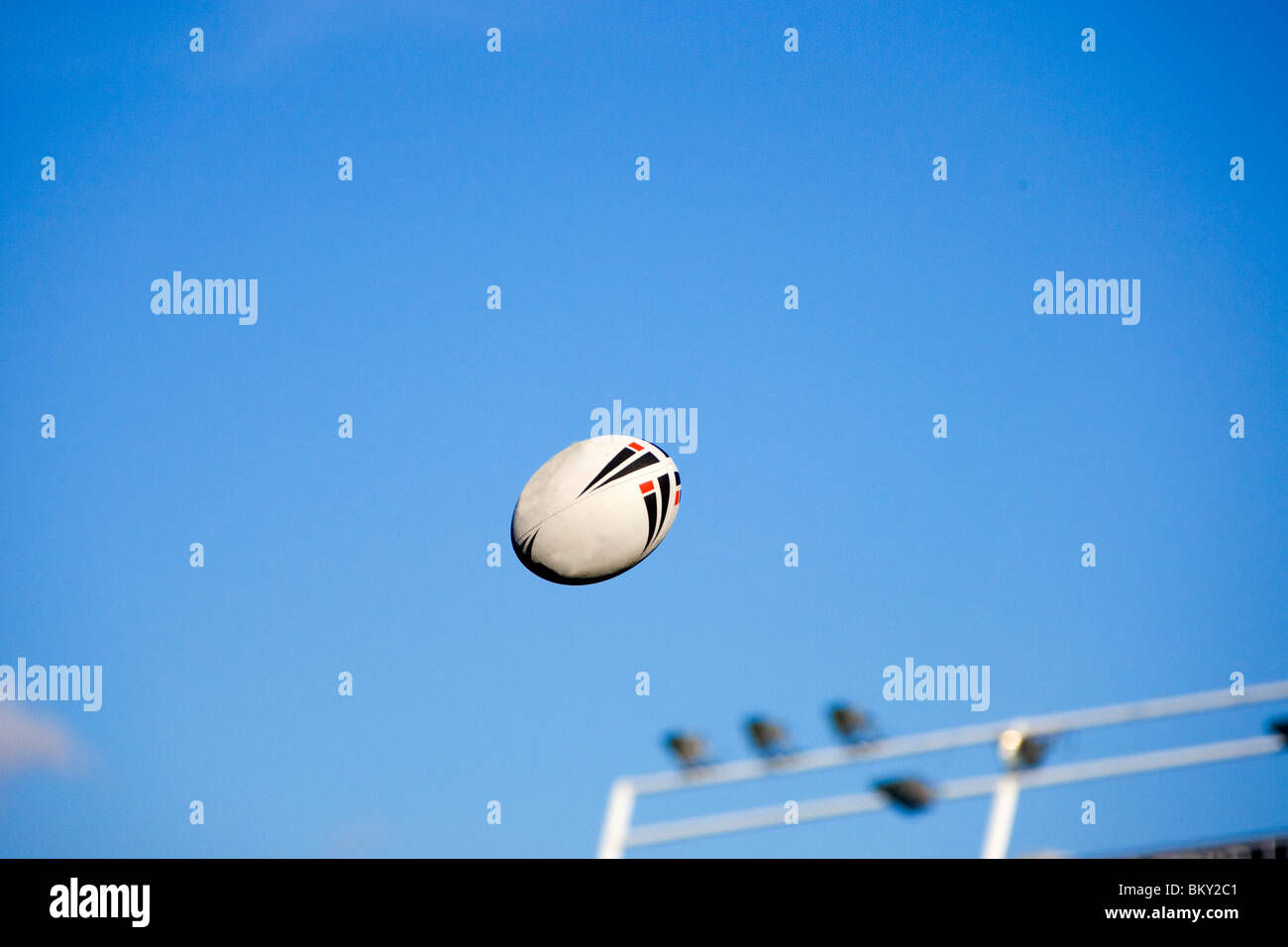 Rugby ball shown in the air at a game Stock Photo - Alamy