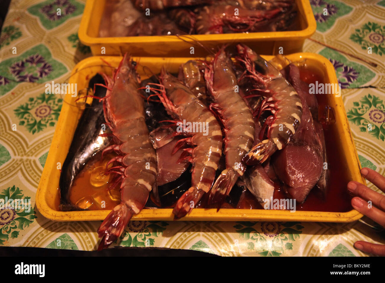 Tiger prawns on display at the night market in Kota Kinabalu, Sabah ...