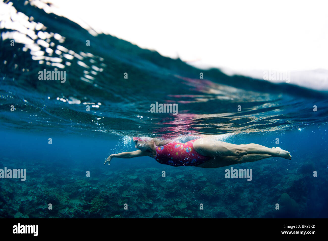 Underwater view of a swimmer enjoying a relaxing swim in the tropical ...