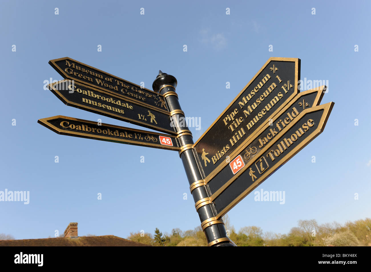 Museum sign posts in the town of Ironbridge in Shropshire England Uk ...