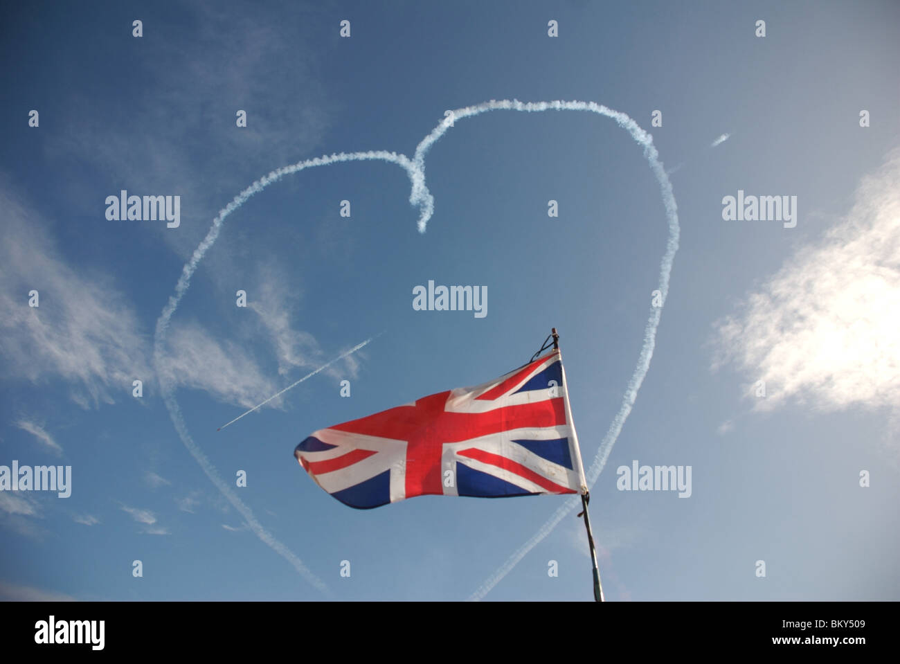 Heart shape contrail and British flag, Red Arrows aircraft display 2009 ...