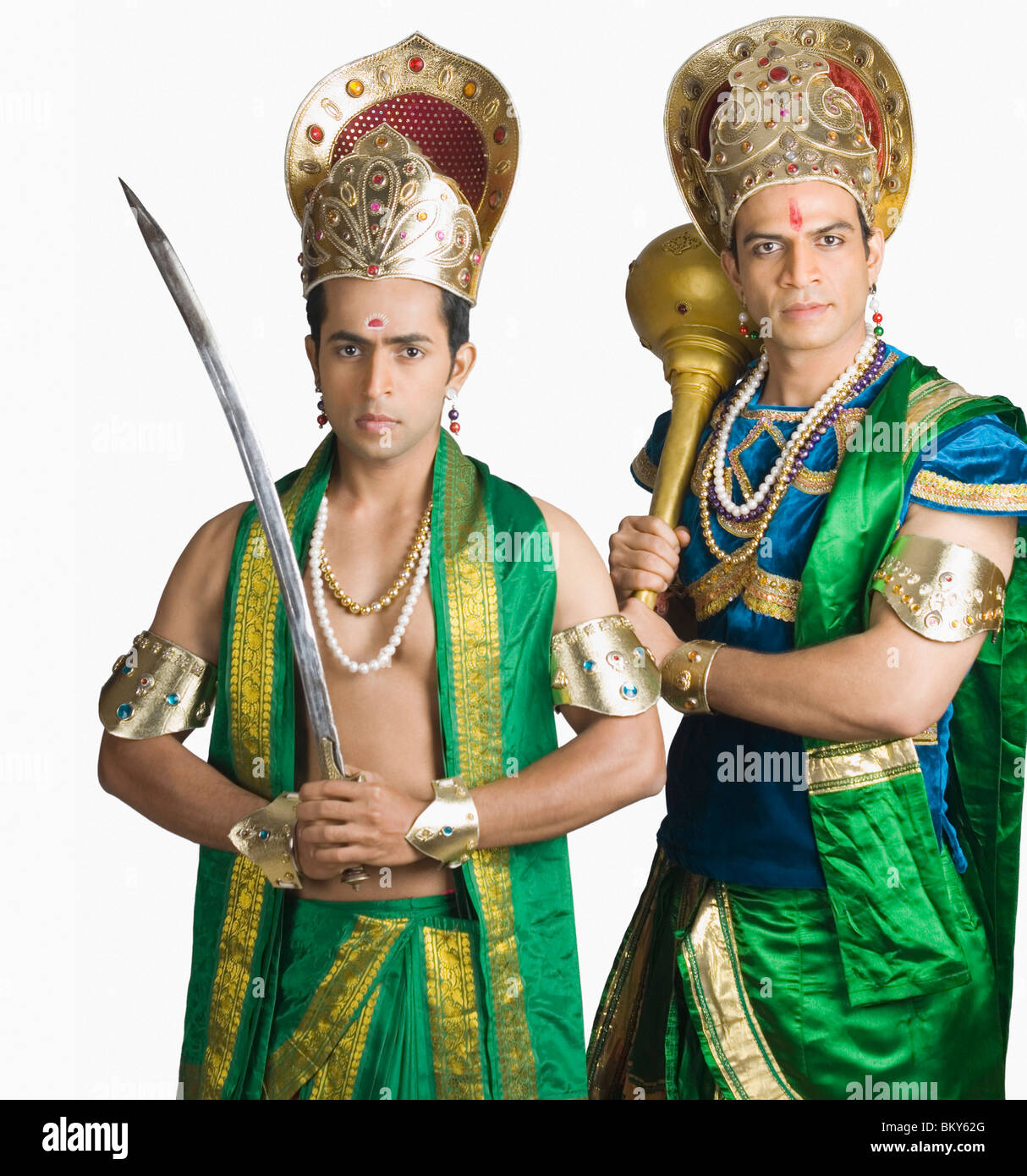 Two men dressed-up as mythological characters looking serious Stock ...