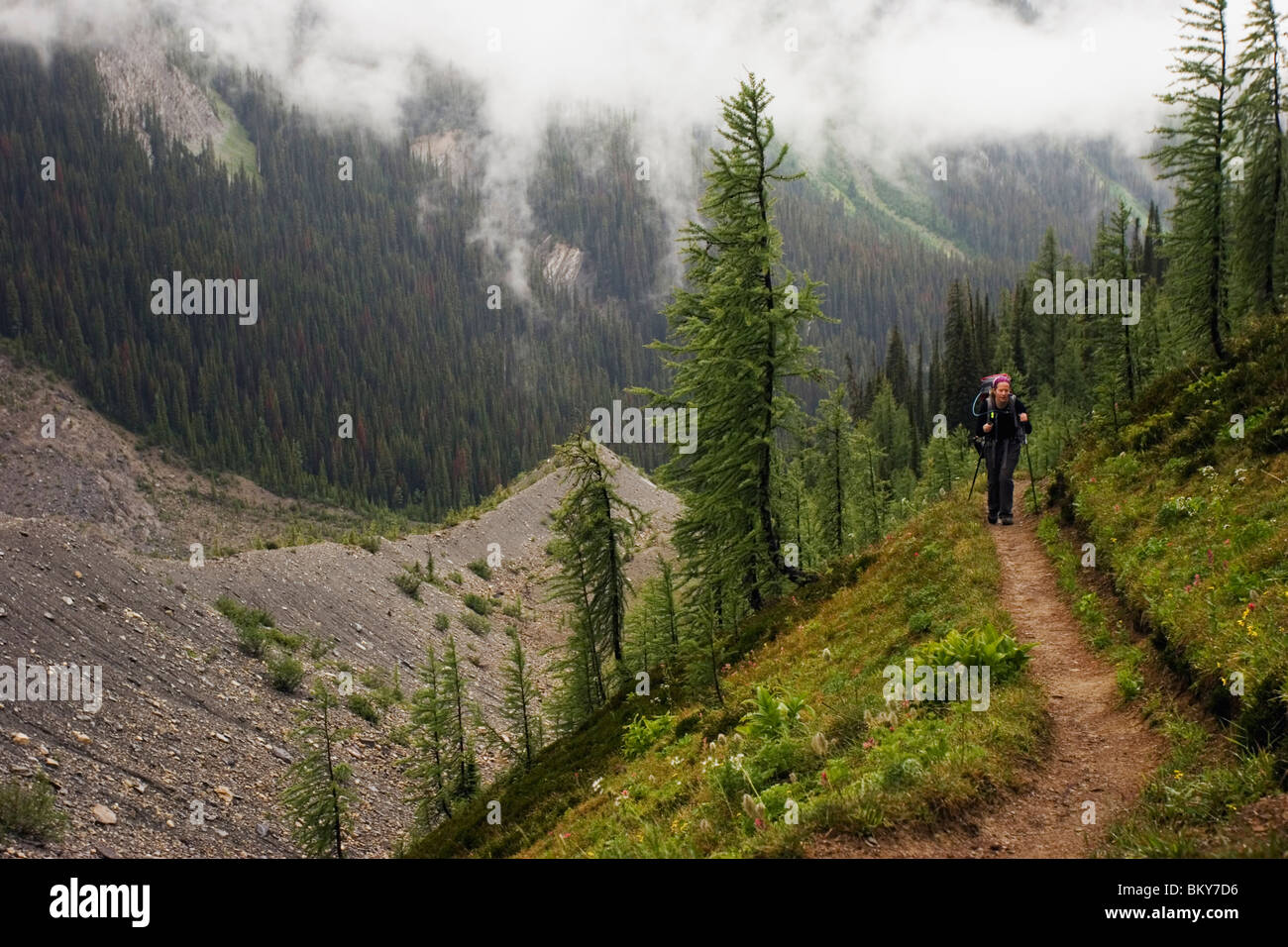 A female backpacker in her early thirties hiking the Rockwall Trail ...