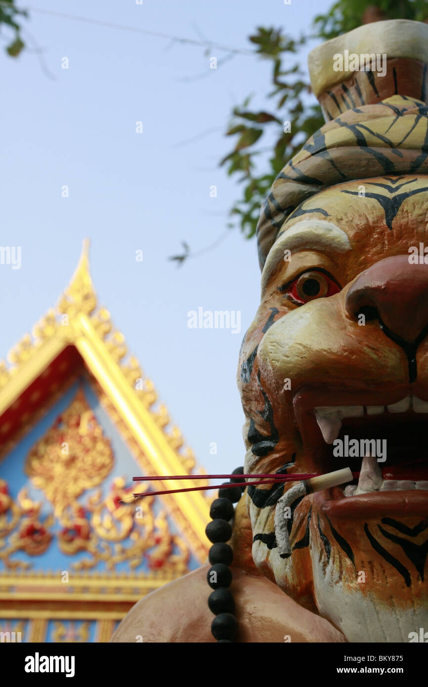 Statue of a tiger in front of Wat Bang Phra, a Buddhist temple in ...