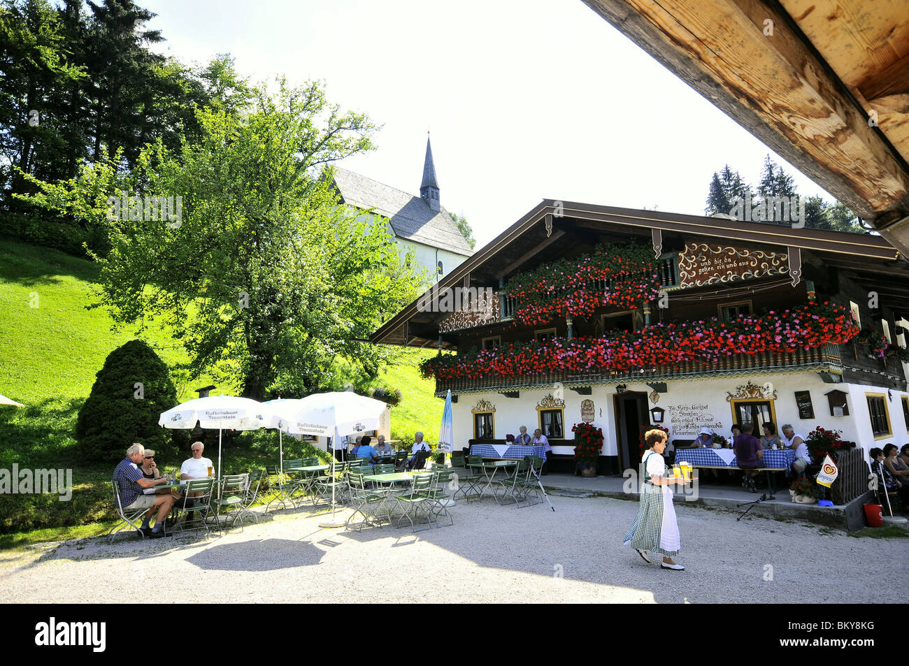 Restaurant, Streichen chapel in backgorund, Schleching, Chiemgau ...