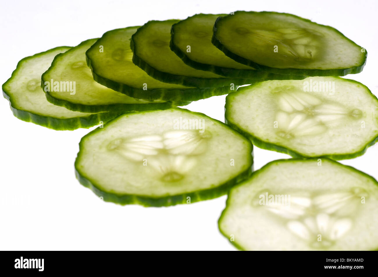 thin slices of cucumber lit from behind and isolated against a white ...