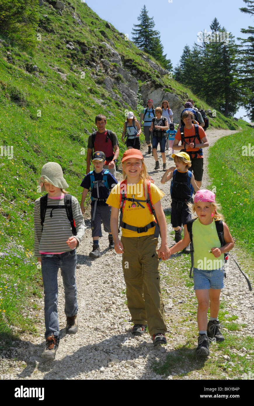 Group of hikers with children, Bavarian Alps, Upper Bavaria, Bavaria ...
