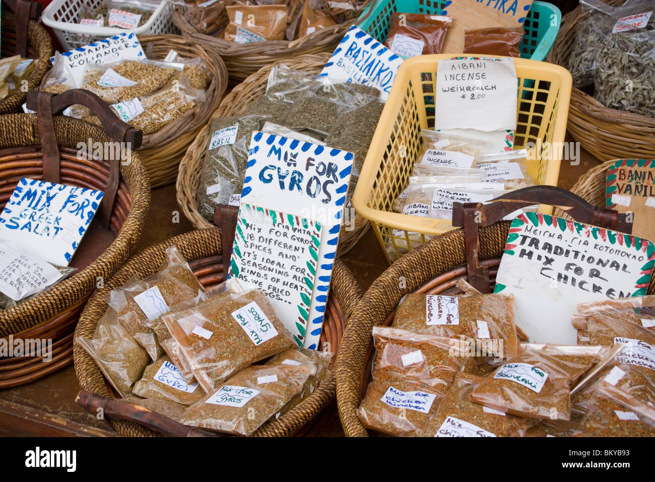Different greek spices lying in baskets for selling, Zia, Kos, Greece ...