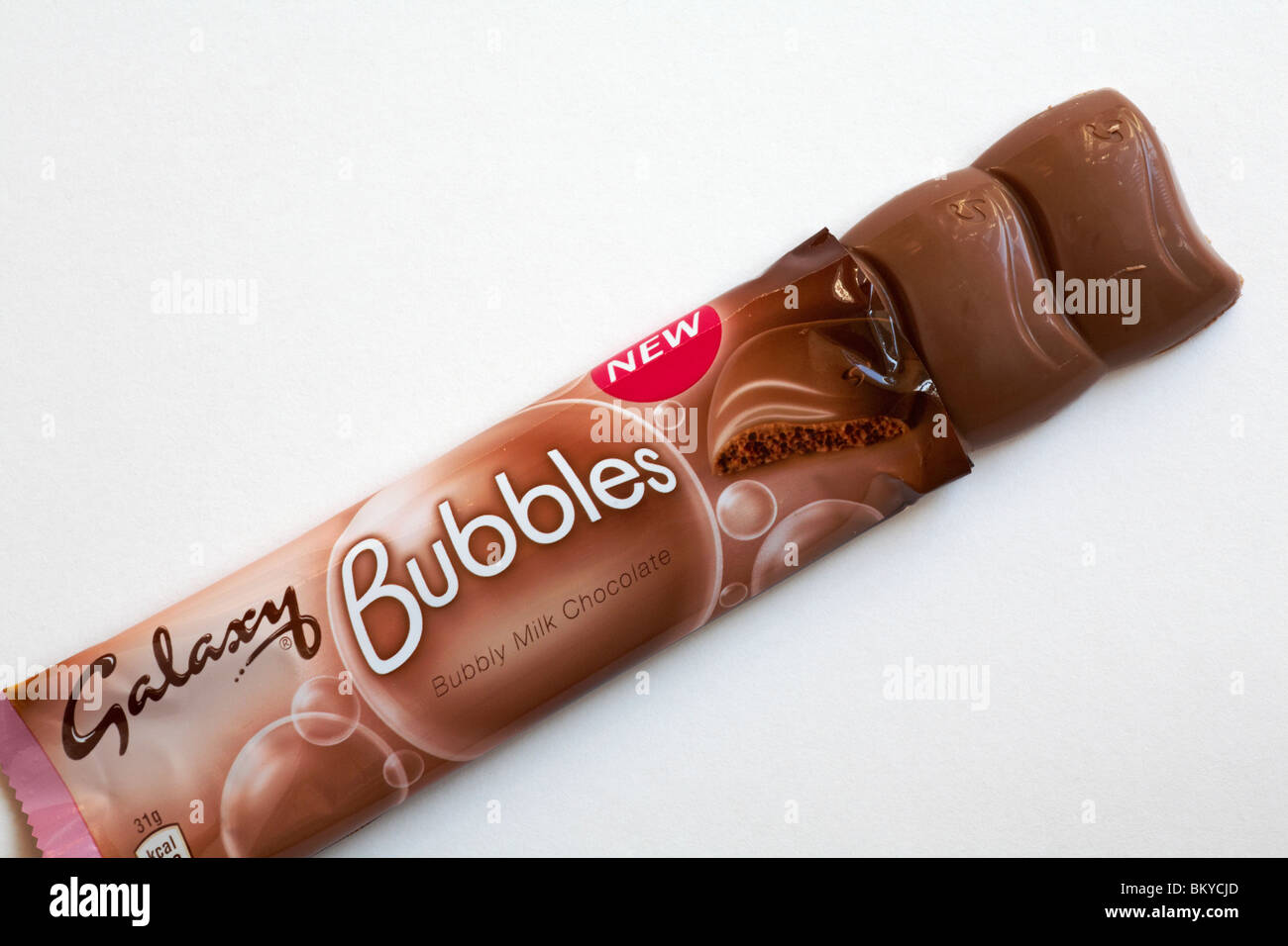 Galaxy Bubbles chocolate bar unwrapped to show contents set on white ...