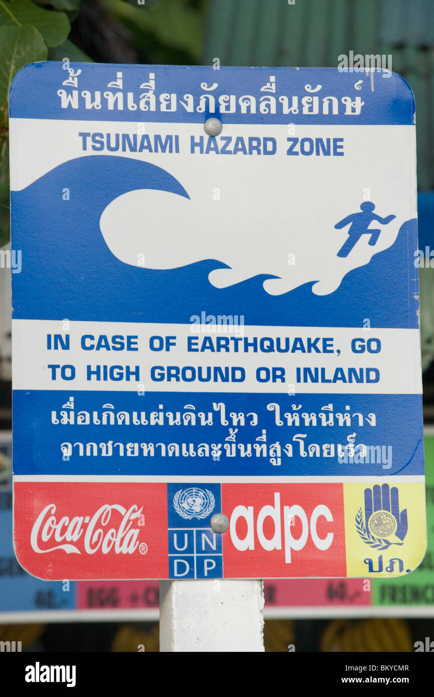 Close-up of a tsunami danger sign, Ko Phi Phi Don, Ko Phi Phi Island ...