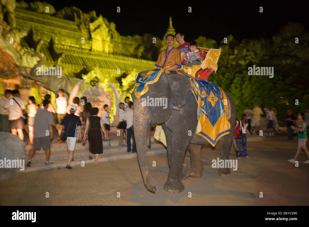 Tourists riding on a elephant, Palace of the Elephants, Phuket Fantasea ...