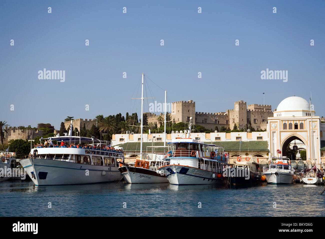 Ships and boats anchoring in Mandraki harbour (translated literally ...
