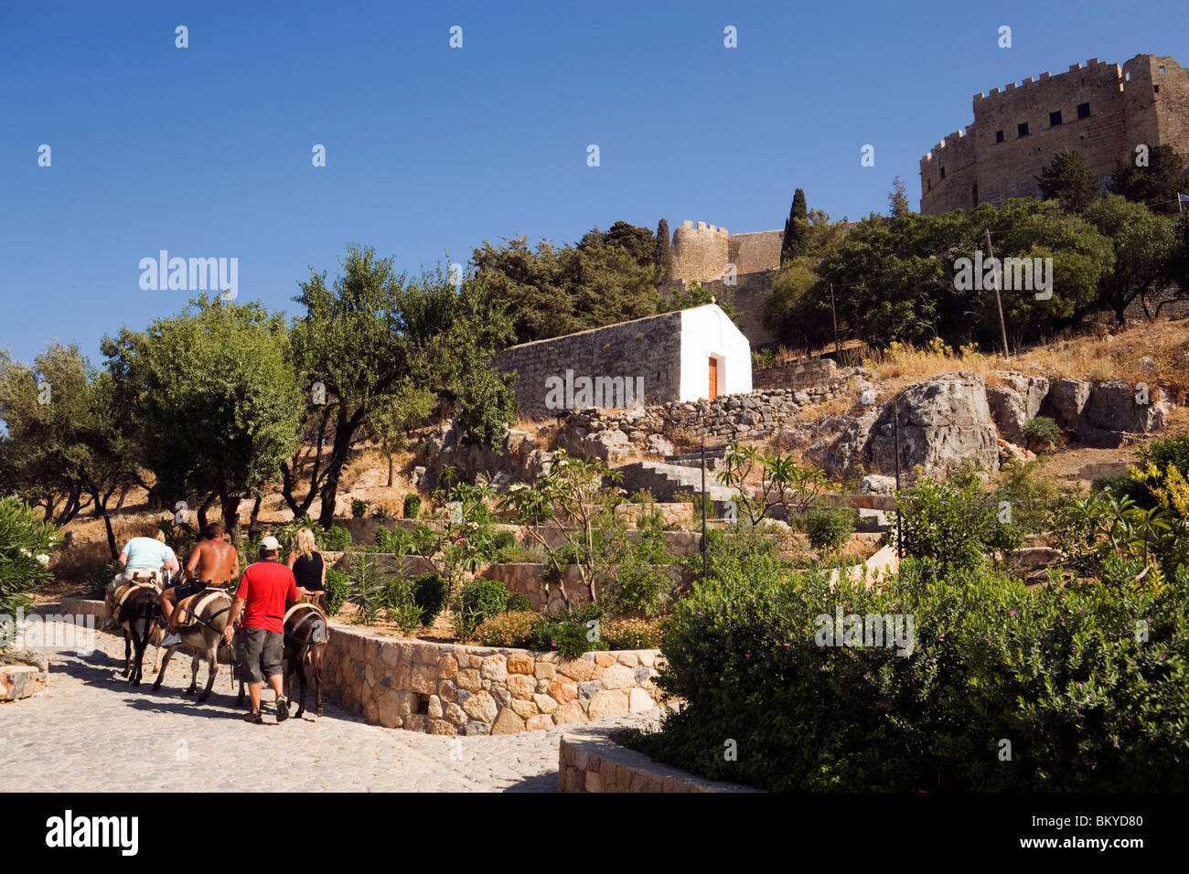 Tourists riding on donkeys to Acropolis, Lindos, Rhodes, Greece Stock ...